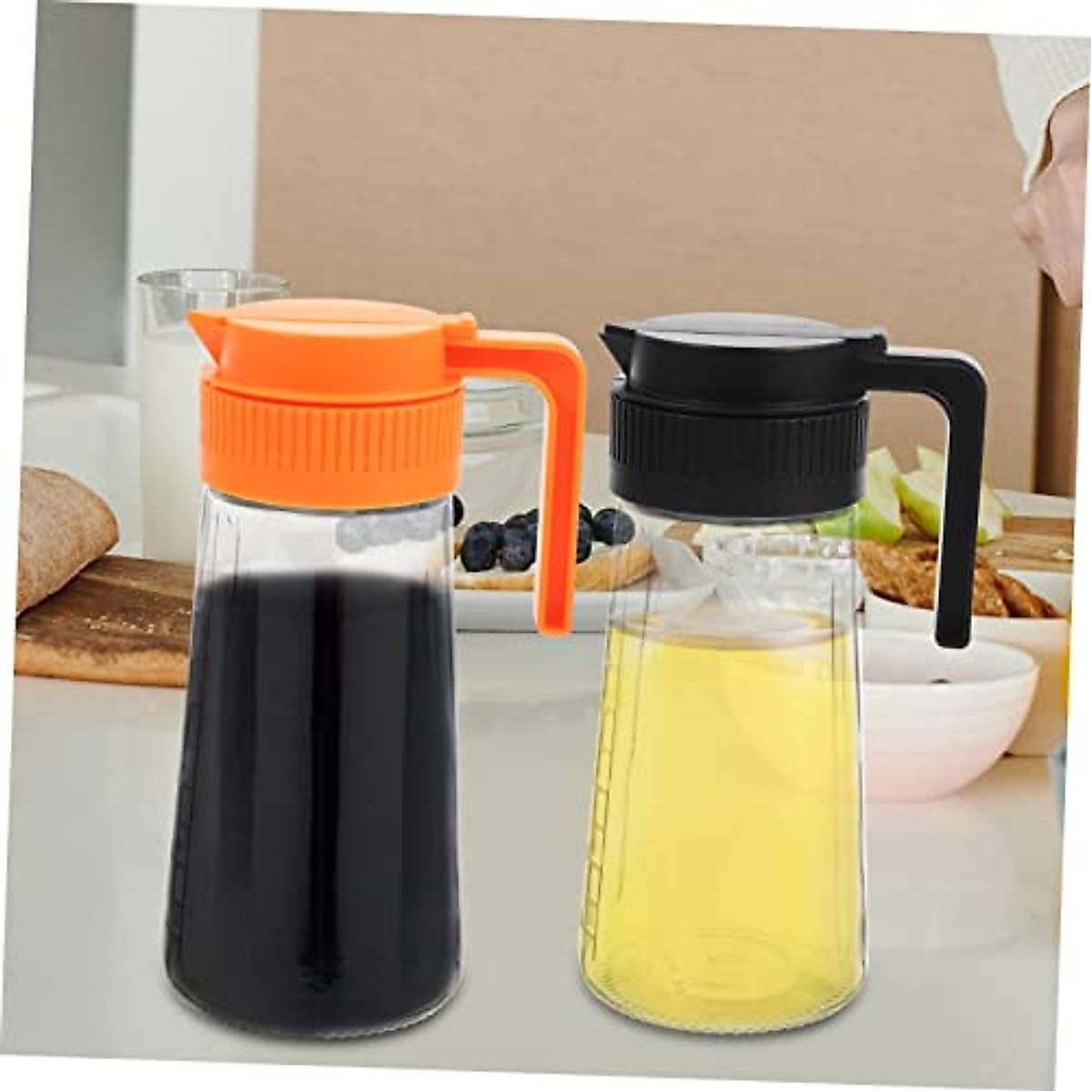 DOITOOL 2pcs Mason Jar Pour Lids Jar with Lid Wide Mouth Glass Jars Plastic Mason Jar Lids Syrup Dispenser for Coffee Bar Reusable Canning Lid Mason Jars with Handle Mason Jar Covers Seal