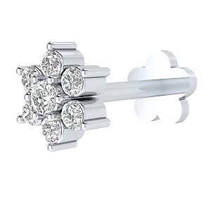 Demira Jewels Natural Diamond 14K White Gold Flower Nose Pin, Lip Labret, and Monroe Ring Stud Screw - 8mm Long, 16 Gauge Post