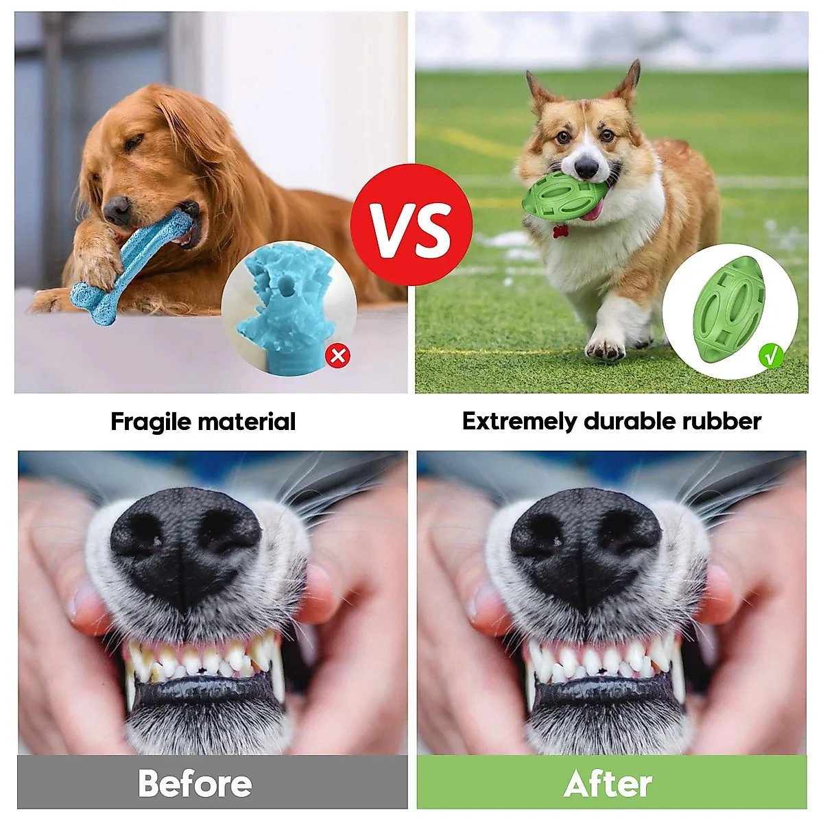 ZHAN Multifunctional Durable Natural Rubber Dog Training Ball Toy Squeaky Chew Interactive Teeth Cleaning Rugby Toy Pet Exercise Game Ball for Medium and Large Dogs (Green)