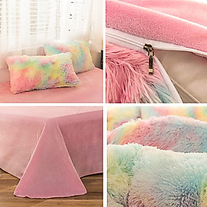 MorroMorn 5 PCS Shaggy Duvet Cover Bedding Set - Fluffy Comforter Cover Long Faux Fur Luxury Ultra Soft Cozy (Rainbow, Full/Queen)
