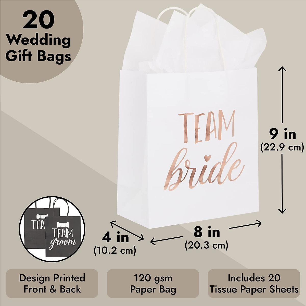 Juvale 20 Pack Bride and Groom Gift Bags with Tissue Paper for Wedding, Groomsmen, Bridesmaid, Reads Team Bride and Team Groom (8 x 4 x 9 In)