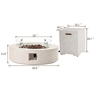 SUNBURY Outdoor 41 Inch Propane Fire Pit Table, 50,000 BTU Spotted White Patio Gas Fire Table w Glass Wind Guard, Tank Table, Lava Rocks