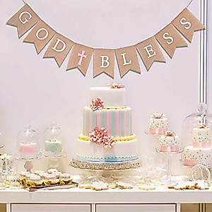 WAWOO God Bless Banner - First Communion Decoration, Baptism Decor,God Bless Decoration,Photo Props Crosses,1st Communion Party (Pink GOD Bless)