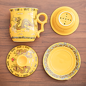 TONGMAN Blue and White Porcelain Tea Cup Infuser 4-Piece Set with Tea Cup Lid and Saucer 13.5oz Loose Leaf Tea Brewing System for Travel Office Chinese Dragon Pattern Tea Cup