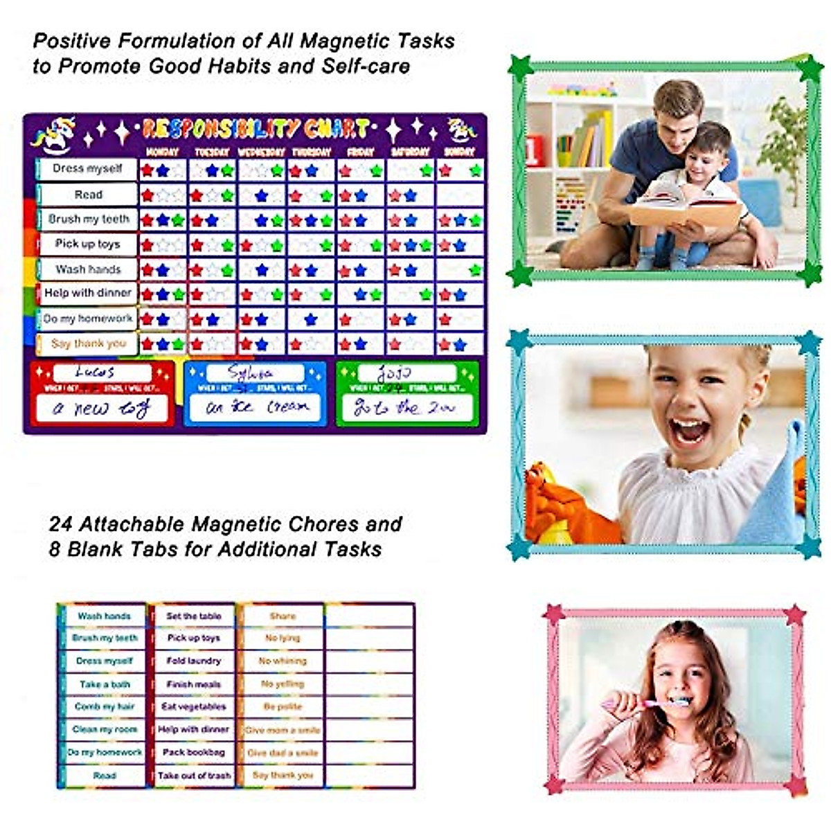 Magnetic Chore Chart, Responsibility Reward Chart for Multiple Kids Toddlers Unicorn Good Behavior Reward Chart for Fridge at Home Gift for Children - Dry Erasable, Purple