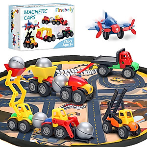 Finebely Magnetic Toys for Kids Magnetic Toy Cars Set with Play Mat|Storage Bag for Magnet Airplane Vehicles Cars Construction Car Assembly DIY Toddler Magnetic Toys for Kids 6-8 and Up 47 PCS
