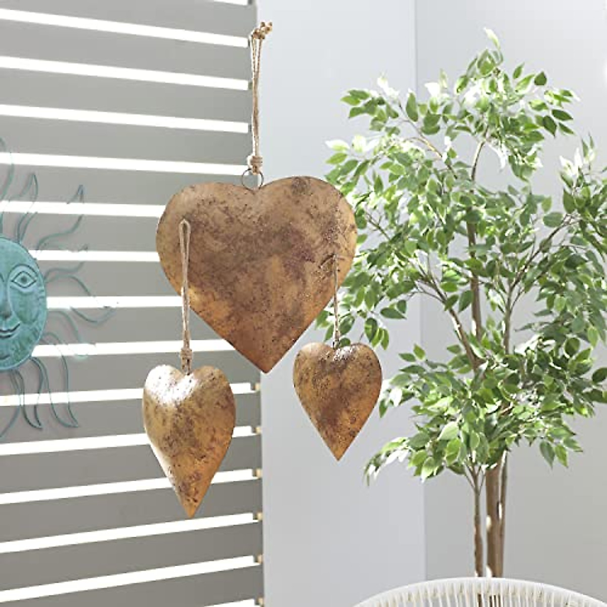 Deco 79 Metal Heart Decorative Bell with Hanging Rope, Set of 3 20", 17", 12"H, Gold