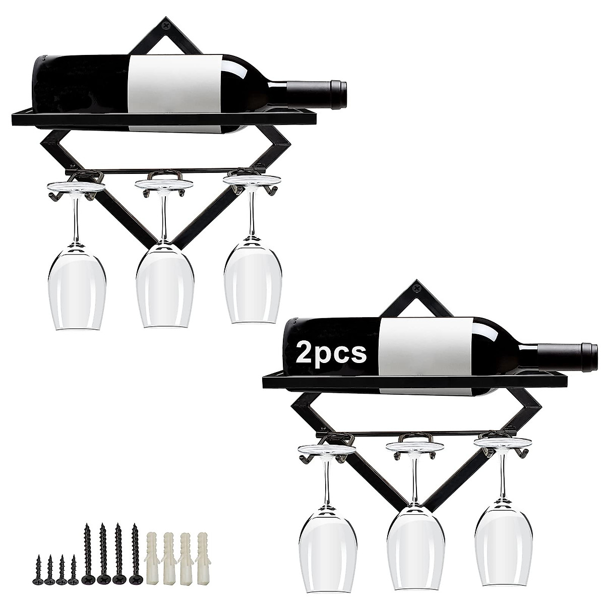 AUHOKY Metal Wall Mounted Wine Holder Stemware Glass Rack, Collapsible Hanging Red Wine Racks Organizer with 3 Stem Glass Holders, Wine Bottle Display Hanger for Home Kitchen Bar Decor