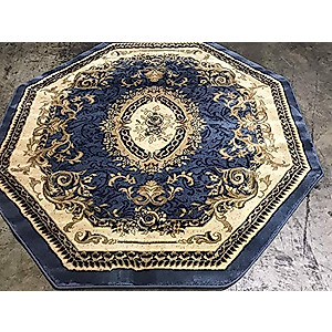 Traditional Octagon Oriental Floral Aubusson Area Rug Persian Light Blue Burgundy Beige Design 602 (4 Feet X 4 Feet)