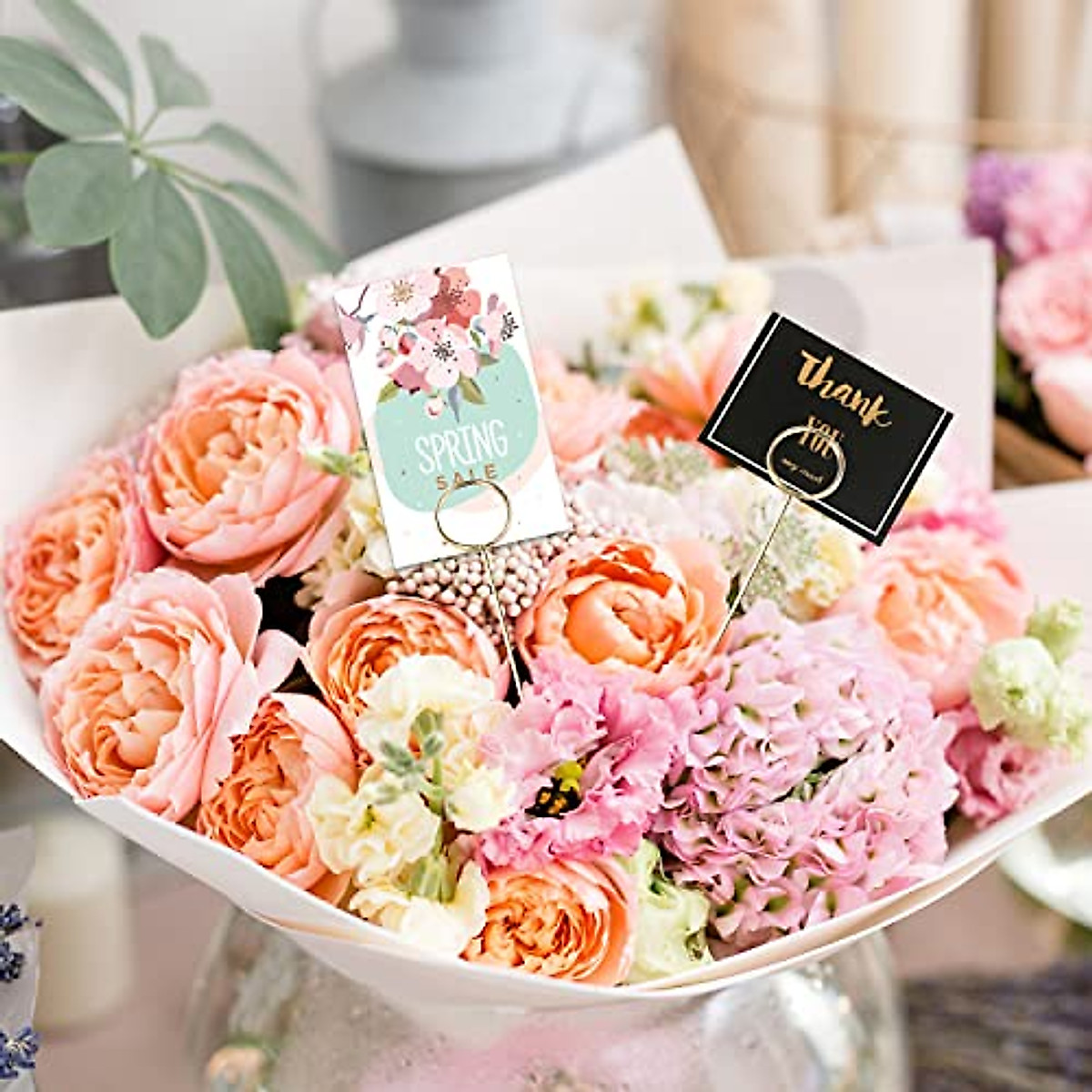 KIMOBER 30PCS Metal Floral Place Card Holder,13.4 Inch Golden Round Flower Picks Photo Memo Clips Gift Card Holder for Flower Arrangements,Wedding and Birthday Party