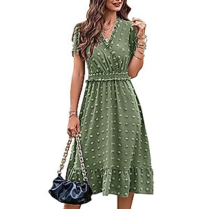 BTFBM Elegant Short Sleeve V Neck Swiss Dot Midi Summer Dresses for Women 2023 Boho Ruffle Long Dresses Ruffle Cocktail Dress（Solid Green,X-Large
