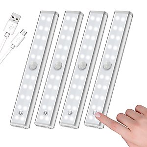 20-LED Motion Sensor Closet Lights Dimmable LED Closet Light ，Rechargeable Under Cabinet Lighting Stick-on Anywhere Night Light Bar for Cupboard, Hallway, Stairs, Kitchen, Bedroom, 4 Pack