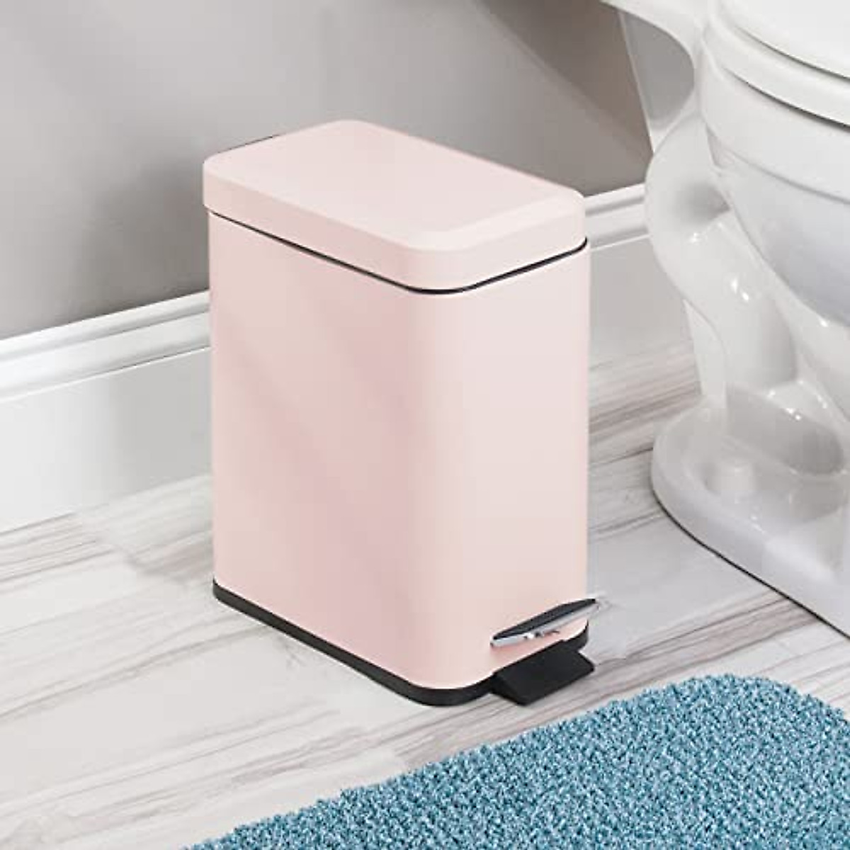 mDesign Small Modern 1.3 Gallon Rectangle Metal Lidded Step Trash Can, Compact Garbage Bin with Removable Liner Bucket and Handle for Bathroom, Kitchen, Craft Room, Office, Garage - Light Pink