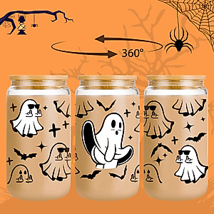 GSPY Halloween Ghost Glass Cups with Lids & Straws - Cute Spooky Iced Coffee Cup, 16 oz Middle Finger Ghost Bat Tumbler Fall Mug, Funny Halloween Gifts, Boo Basket Stuffers for Her Women Adults