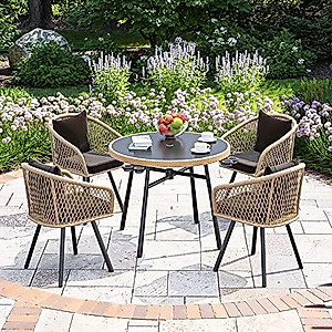 YITAHOME 5-Piece Outdoor Patio Furniture Dining Set, All-Weather Rattan Conversation Set with Soft Cushions and Glass Top Dining Table for Backyard Deck (Light Brown + Black)