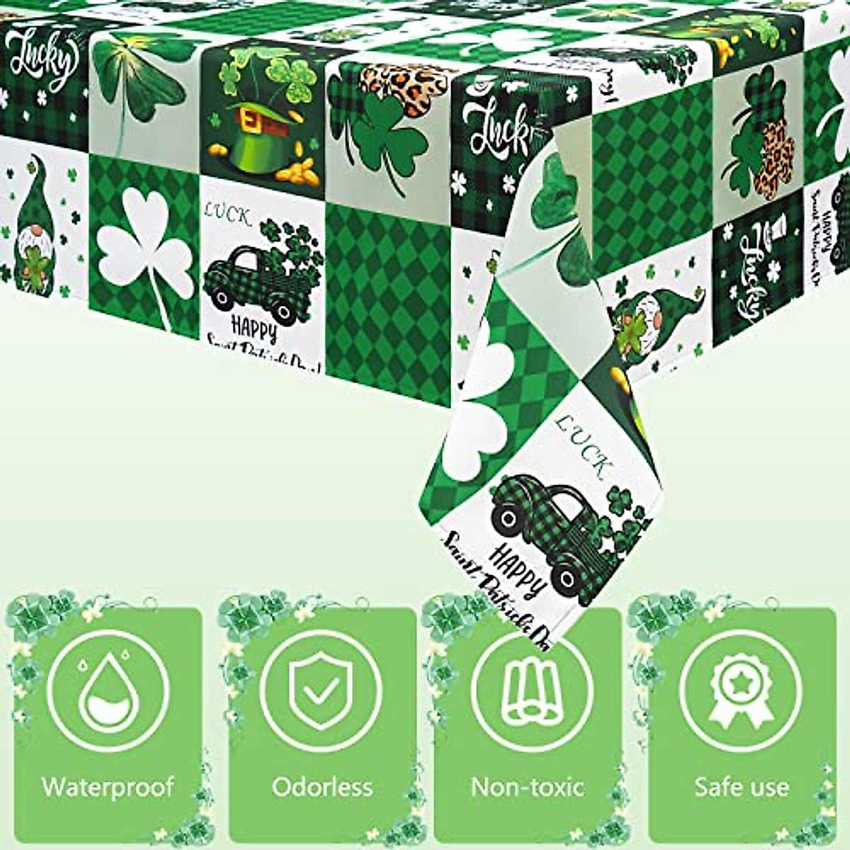 NatuBeau St. Patrick’s Day Tablecloth Rectangle 60x84 Inch, Gnomes Buffalo Plaid Shamrock Table Cloth for St Patricks Day, Lucky Green Shamrock Table Cover for Dinning Room Kitchen Party Decor