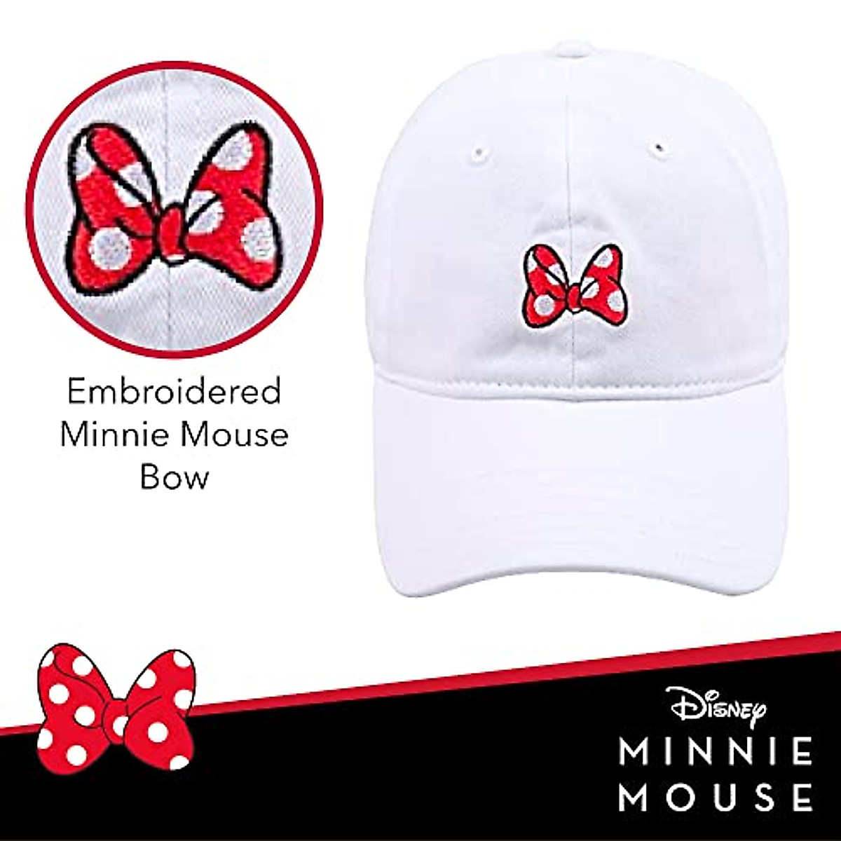 Disney Minnie Mouse Bows Embroidered Cotton Adjustable Dad Hat with Curved Brim, White, One Size
