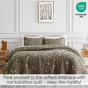 Southshore Fine Living, Inc. Oversized Queen Size Quilt Bedding Set, All Season Lightweight Bedspread, Boho Coverlet Full Size, Floral Bedding 3-Piece Set with Two Matching Shams, Full/Queen, Brown