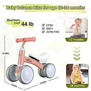 HAWEEK Baby Balance Bike Cute Toys for 1 Year Old Boy and Girl 12-24 Months Toddler Bike Baby Walker Riding Gifts for Boys Girls No Pedal Infant 4 Wheels Baby's First Birthday Gift (Pink)