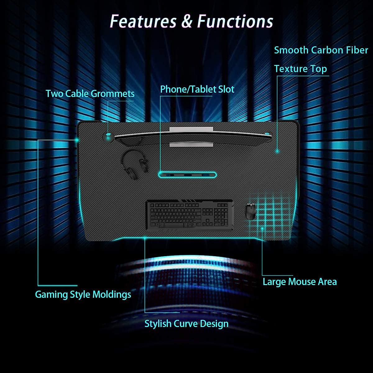 It's_Organized Student Computer Desk,44 X 24 Inches Home Office Study Writing Desk,PC Laptop Gaming Workstation with Free Mouse Pad,Carbon Fiber Desktop,Device Stand Slot,Power Socket Box