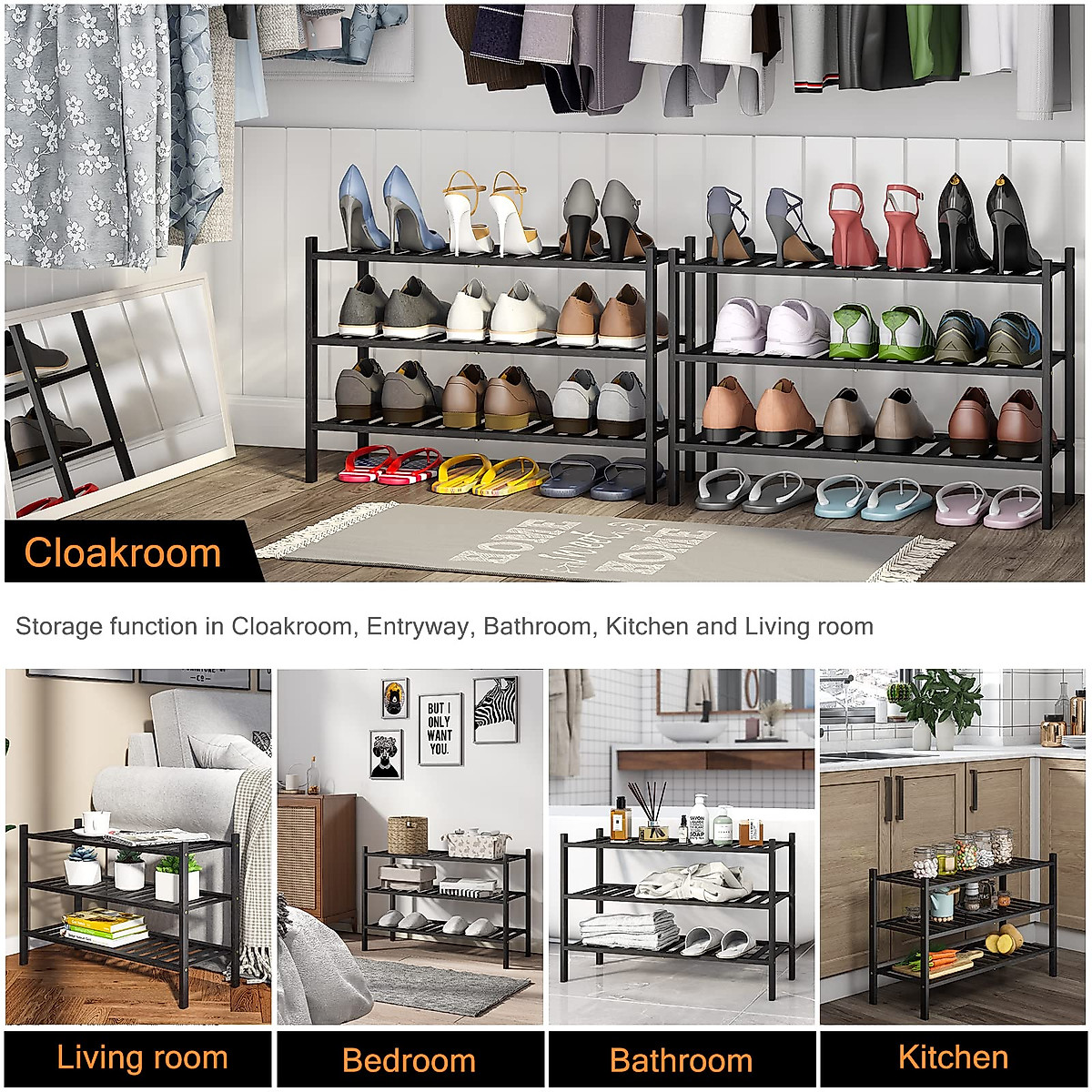 Shoe Rack, 3-Tier Bamboo Stackable Shoe Shelf Storage Organizer, Shoe Stand for Closet, Entryway and Hallway