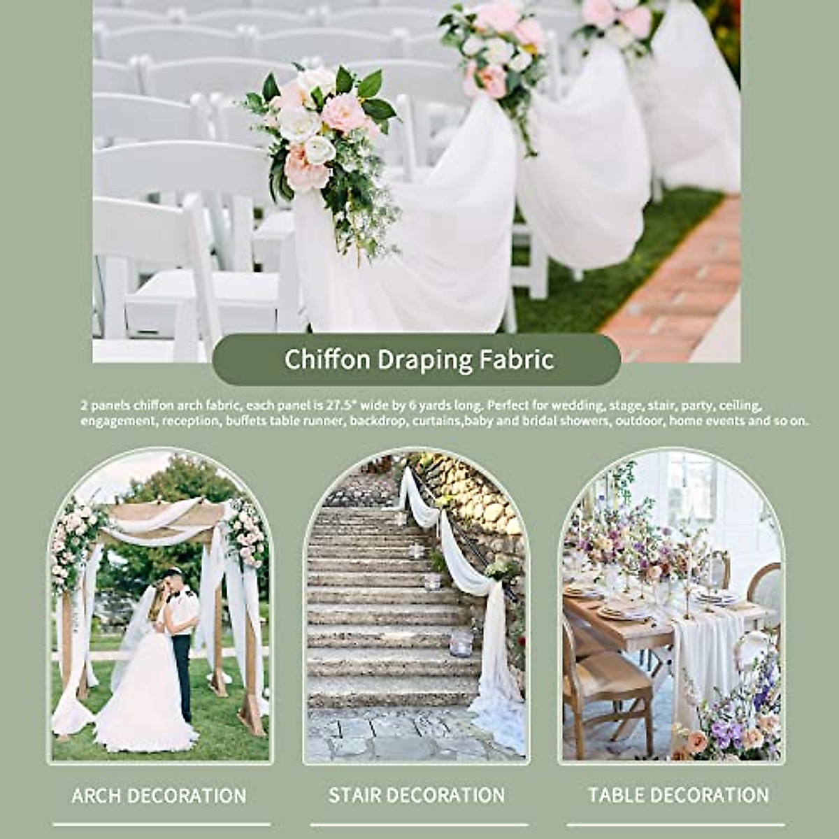 White Arch Drapes 2 Panels 6 Yards Sheer Backdrop Curtains for Parties Ceiling Wedding Arch Reception Drapery Fabric Decor