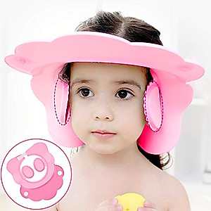 Maveek Baby Bathroom Safety Visor Caps Child Shower Cap，Adjustable Sticker, Comfortable, Soft, Safe, Waterproof & Elastic Ring Hat – for Showers, Bathing, Hair Cut, Pool, Beach, Toddlers (Pink)