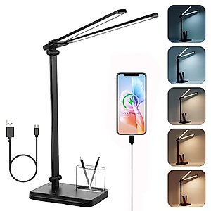 rigors LED Desk Lamp for Home Office - Dual Swing Arm Desk Light with USB Charging Port,Eye-Caring Foldable 5 Color Modes 10 Brightness Levels Dimmable Desk Lamp for College Dorm Room (Black)