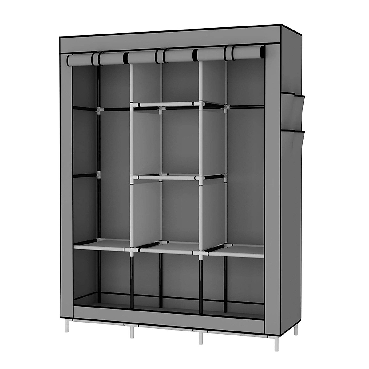 UDEAR Portable Wardrobe Closet Clothes Organizer No-Woven Fabric Cover with 6 Storage Shelves, 2 Hanging Sections and 4 Side Pockets，Grey