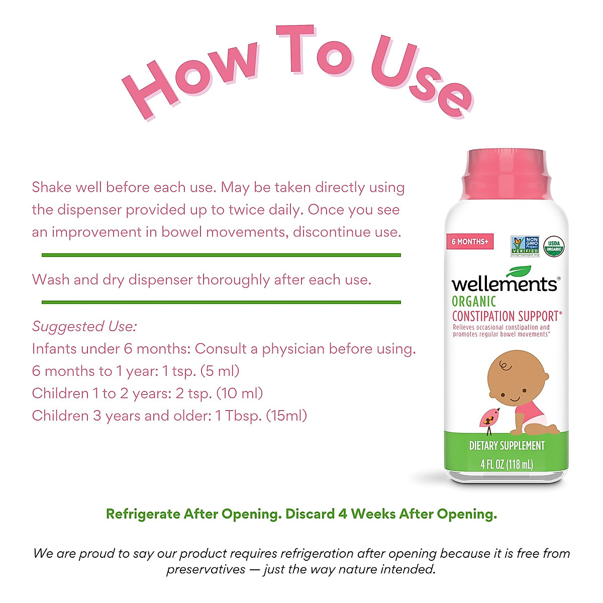 wellements Organic Baby Constipation Support Relieves Occasional Constipation for Infants & Toddlers, No Harsh Laxatives, USDA Certified Organic, 4 Fl Oz (Pack of 2), 6 Months +