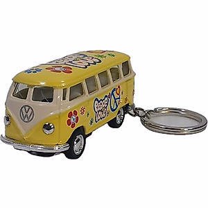 KiNSMART 1962 Volkswagen Classic Hippie Love & Peace Bus 1:64 Scale 2.5 Inch Die Cast Metal Model Key Chain, Pullback Action, Pastel Yellow