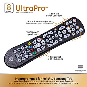 GE UltraPro Backlit Universal Remote Control, Samsung TV Remote, Universal TV Remote for Roku TV, Vizio, LG, Sony, Sharp, Apple TV, Smart TVs, Streaming Players, Blu-ray, DVD, 8-Device, Black, 41567
