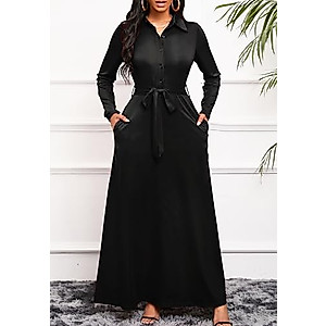 Women Maxi Button Down Long Sleeve Print Dress Casual with Pockets and Belt Maternity Dress