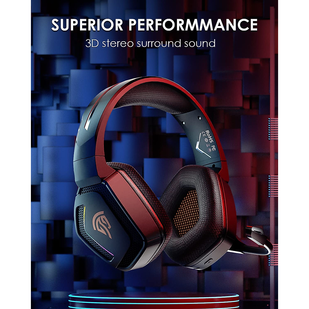 EasySMX C07W Wireless Gaming Headset with Microphone, 2.4GHz USB Gaming Headphones for PC, PS5, PS4, Nintendo Switch, Bluetooth Gaming Headset, 3D Stereo Surround Sound, Ergonomic Design