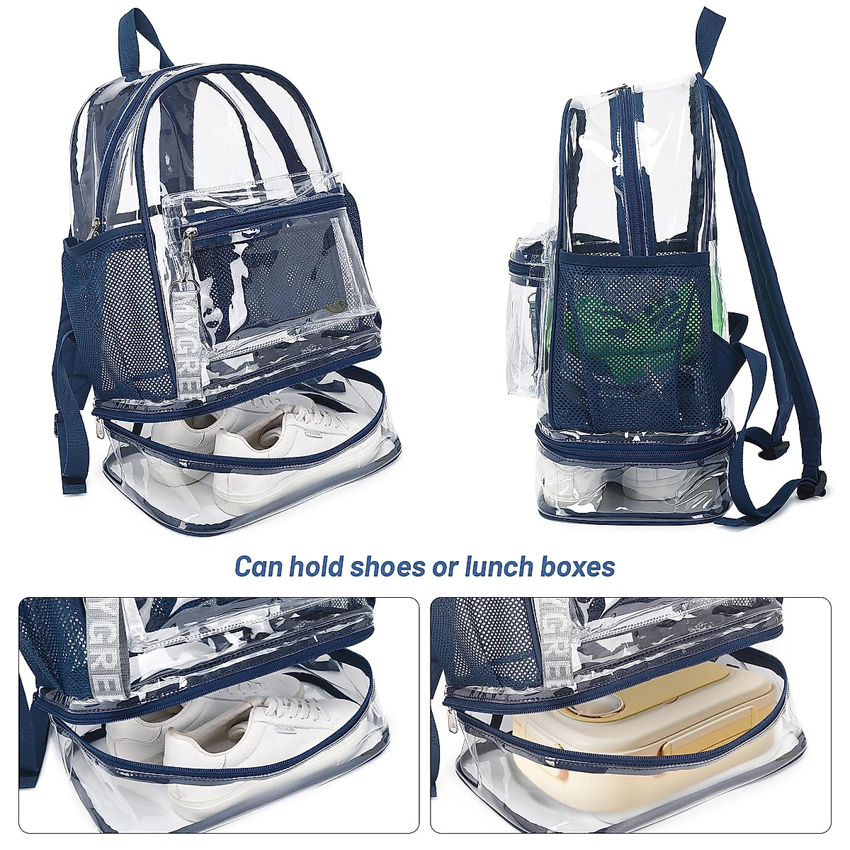 mygreen Clear Backpack with Bottom Compartment for Lunch Box or Shoes, 2-in-1 Design for School, Sports, Work, Stadium, Security, Travel, College Grey