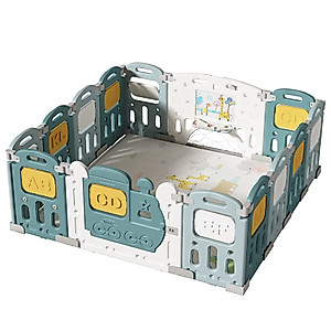 UNICOO – Baby Playpen, Foldable Kids Fence Activity Center, Safety Playard with Games Station Non-Slip Rubber Bases, Adjustable Shape, Portable Design (ZC-001-MGW Mint Green+White)