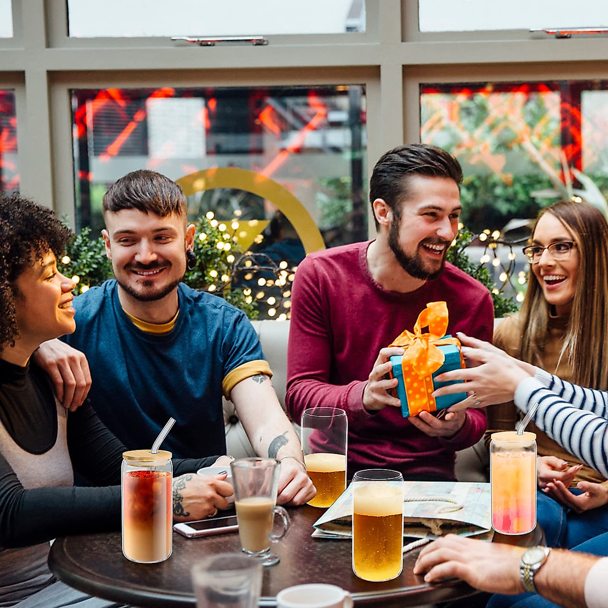 Dyserbuy Glass Cups with Bamboo Lids and Glass Straw 4pcs Set, 16oz Drinking Glasses, Beer Iced Coffee Glasses, Tumbler Cup, Ideal for Smoothie, Boba Tea, Whiskey, Water