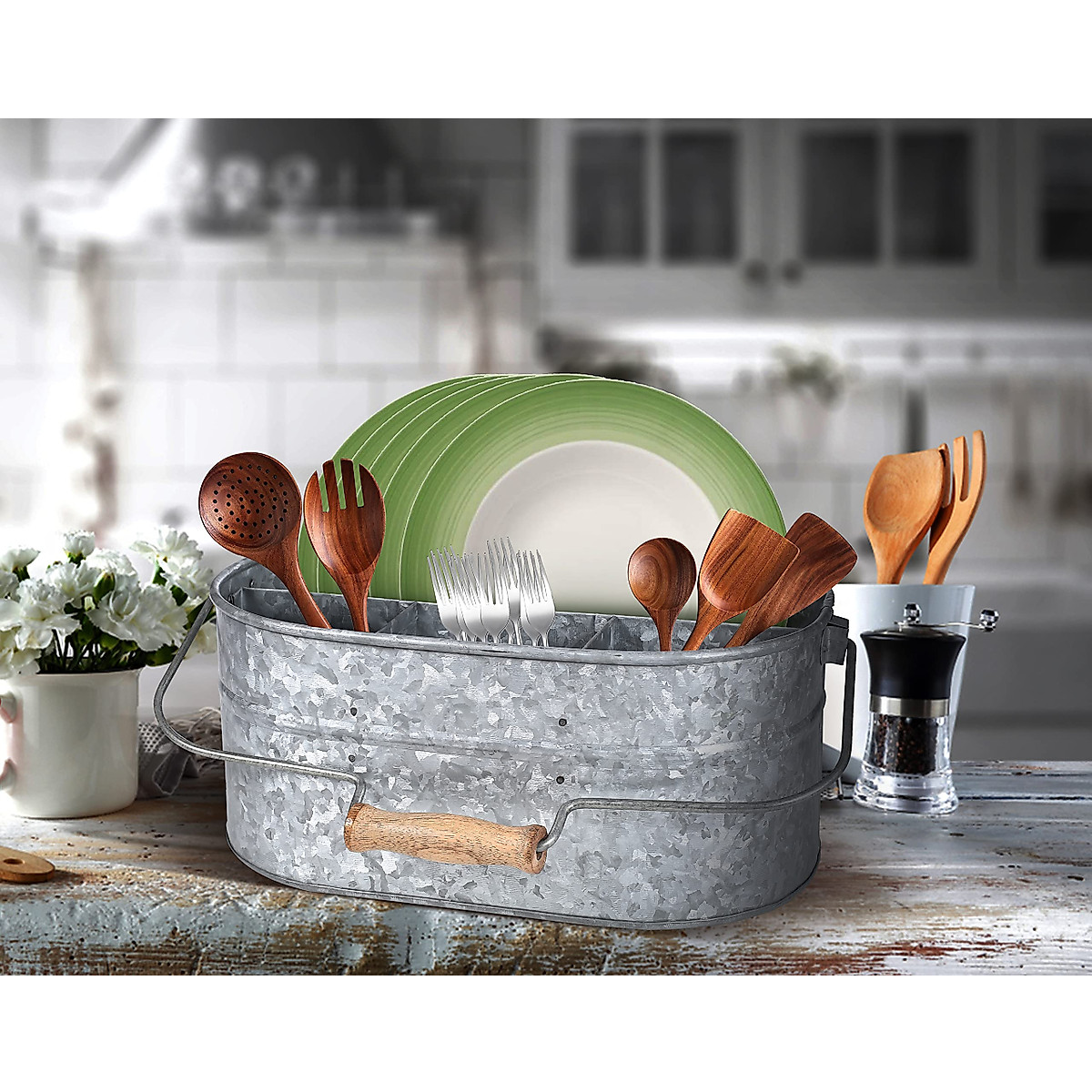 Goroly Home Galvanized Metal Caddy Storage Bin with Wooden Handle, 4 Compartments, Rustic Farmhouse Decor for Kitchen, Garden, Patio, Laundry Room (Antique Grey)