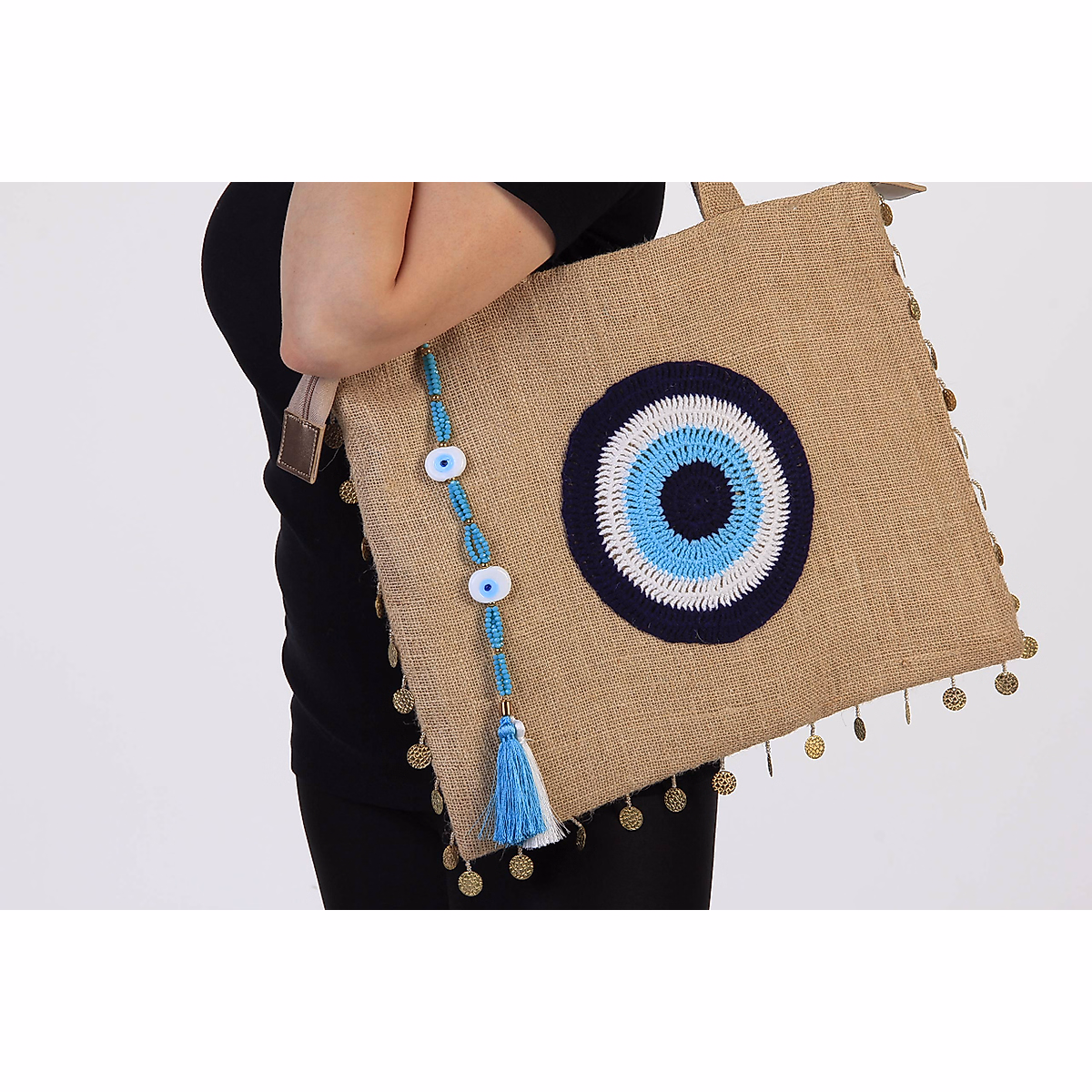 KarensLine Handmade Evil Eye Beach Bags Eco Friendly Bags Shoulder Bag Women Zipper Closure Wipeable Inner Lining