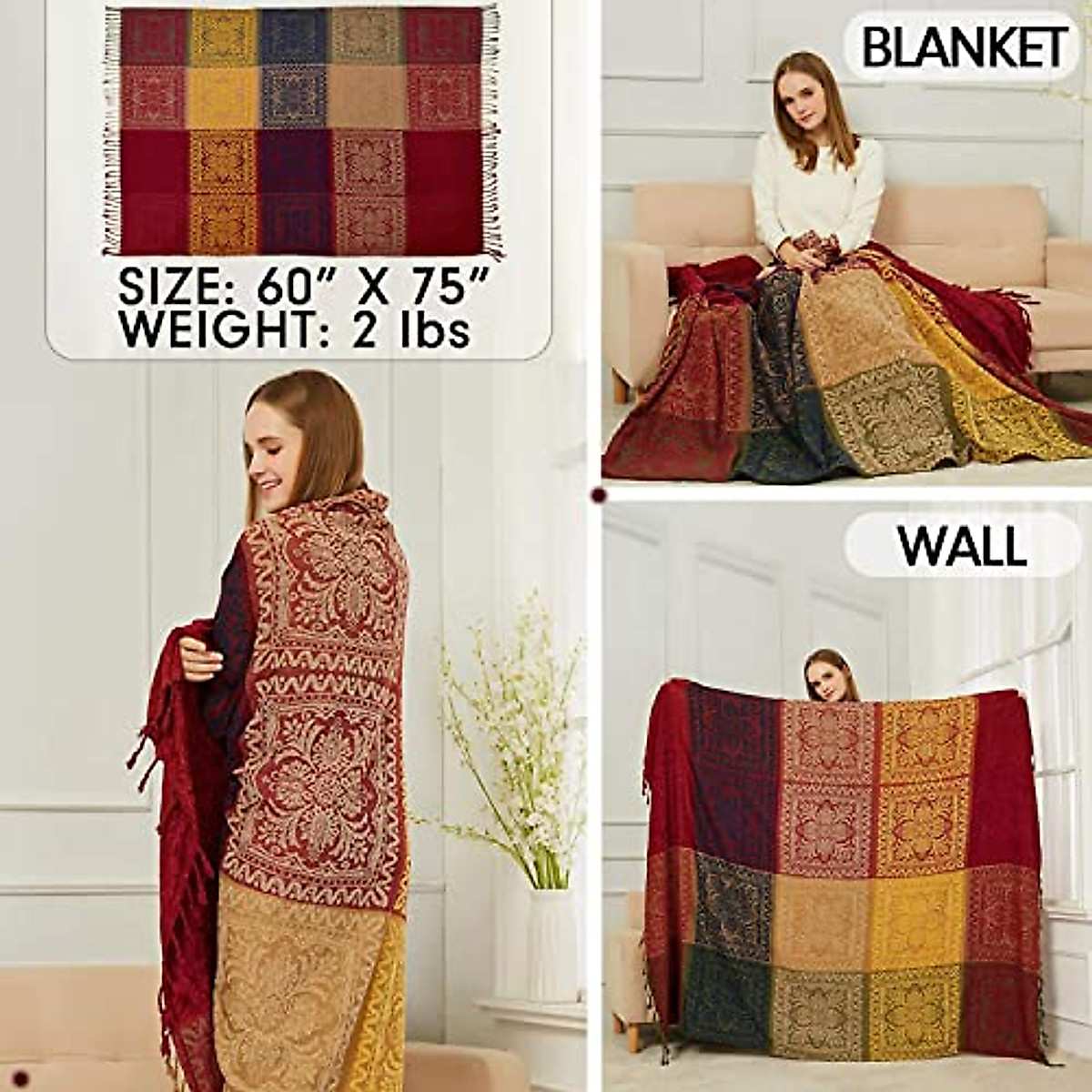 FinalNest Bohemian Tribal Throws Blankets Reversible Colorful Red Blue Boho Hippie Chenille Jacquard Fabric Throw Covers Large Couch Furniture Sofa Chair Loveseat Recliner Oversized (Red,S:75x60)