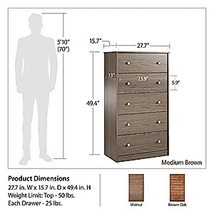 Ameriwood Home Ellwyn Tall 5 Drawer Dresser in Medium Brown