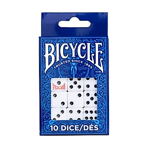 Bicycle Dice Set, Six Sided Dice, D6 Dice, Playing Dice, Standard Game Dice, 10 Count, White, 16 mm
