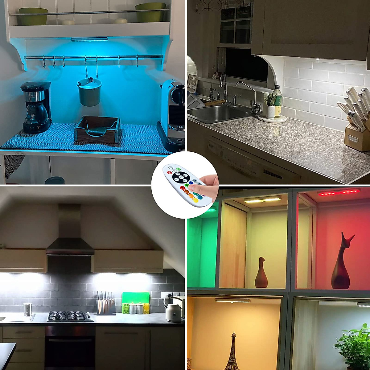 SZOKLED Under Cabinet Lighting Rechargeable 48-LED Wireless Under Cabinet Lights Remote, Kitchen Counter Lights Closet Lights RGB Perfect for Indoor Pantry Display Shelf 15 Color Changing(6 Packs)