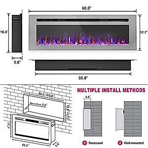 LITSDFM 60 Inch Electric Fireplace Wall Mounted Electric Fireplace Inserts Fireplace Recessed, Low Noise, Remote Control with Timer, Adjustable 12 Flame Color, 750/1500W