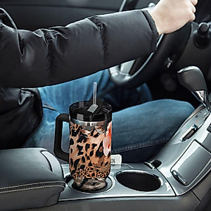 Yasala Car Tumbler with Handle Vintage Leopard Floral Art Travel Mug Coffee Cup Insulated Beverage Container Mega Cup for Hot Cold Drinking Thermos Water Bottle Cupholder Friendly 40 oz