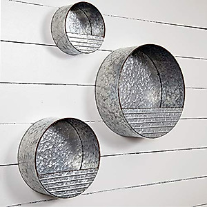 Galvanized Metal Round Hanging Wall Pocket Bins Set of 3 Silver Farmhouse Industrial Rustic Storage