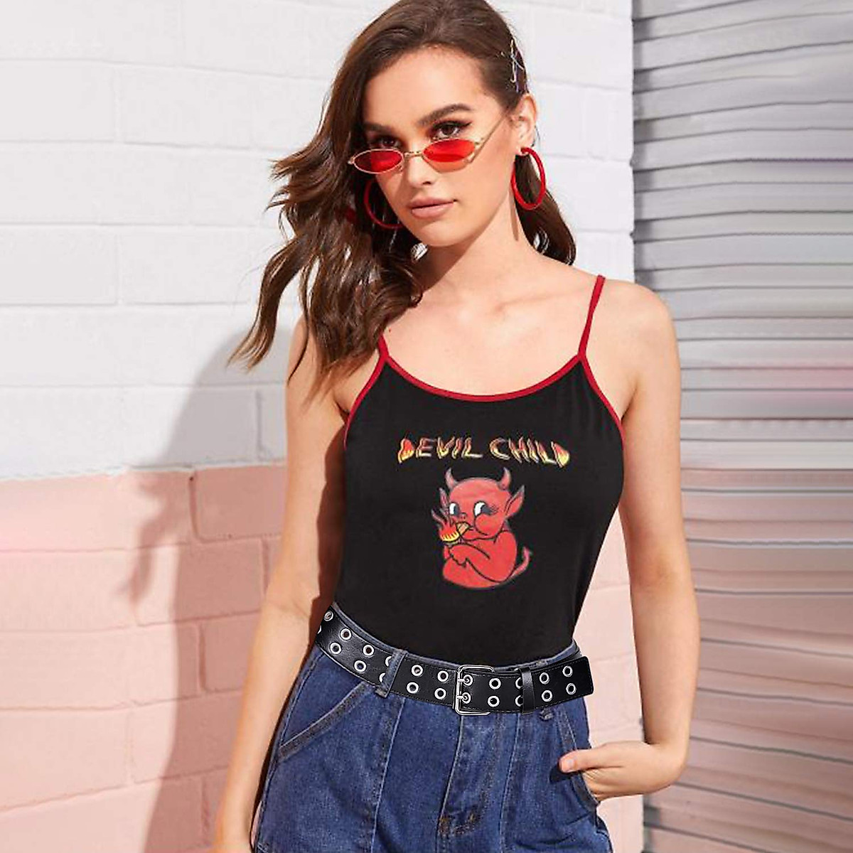 WHIPPY Double Grommet Belt for Women Men PU Leather Double Prong Buckle Vintage Punk Rock Jeans Belts (Black, L)