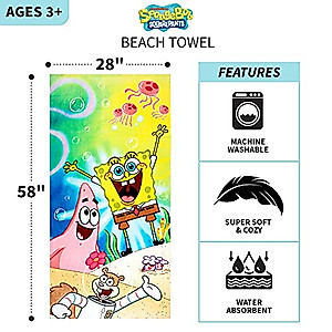 Franco Kids Super Soft Cotton Beach Towel, 58 in x 28 in, Spongebob Squarepants