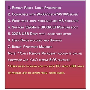 32GB USB Compatible Password Reset Recovery | Remove Reset Recover login Password | Unlock Coumputer | Bonus: Password Manager | Compatible with Windows XP,Vista,7,8.1,10,Server