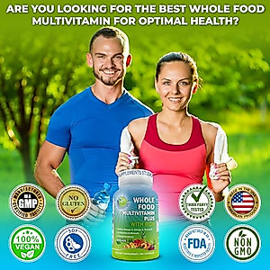 Vegan Whole Food Multivitamin with Iron, Daily Multivitamin for Women and Men, Made with Fruits & Vegetables, B-Complex, Probiotics, Enzymes, CoQ10, Omegas, Turmeric, Non-GMO, 180 Count